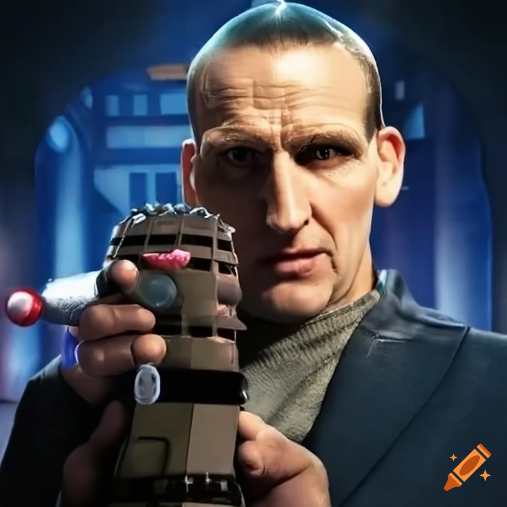 Christopher eccleston as doctor who with mini dalek toys on Craiyon