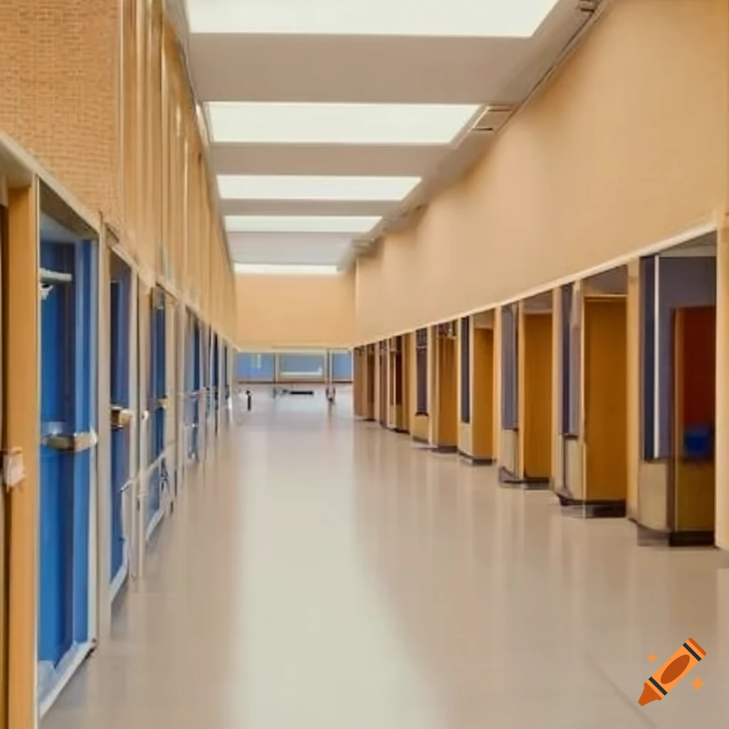 School corridor with classrooms and hall on Craiyon