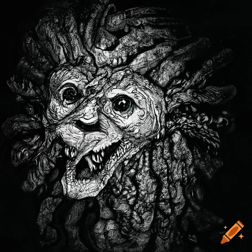 Black and white artwork of a magical creature emerging from the ground