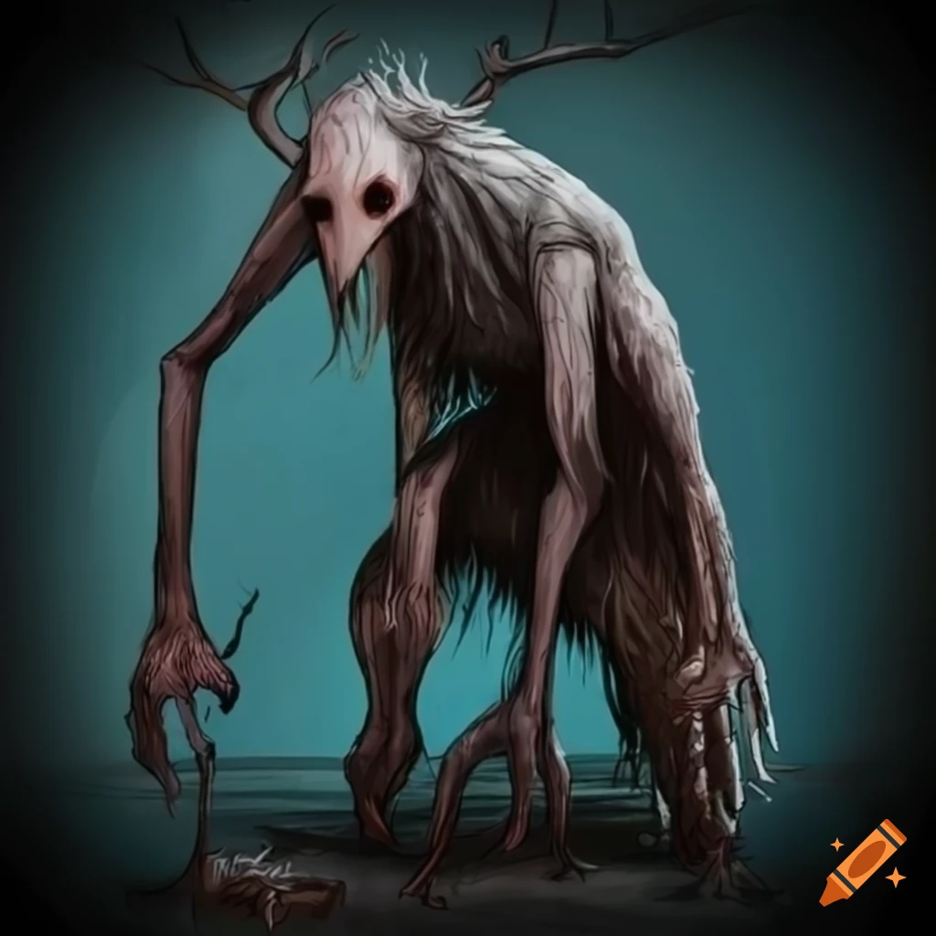 Illustration of a wendigo sitting by a lake on Craiyon