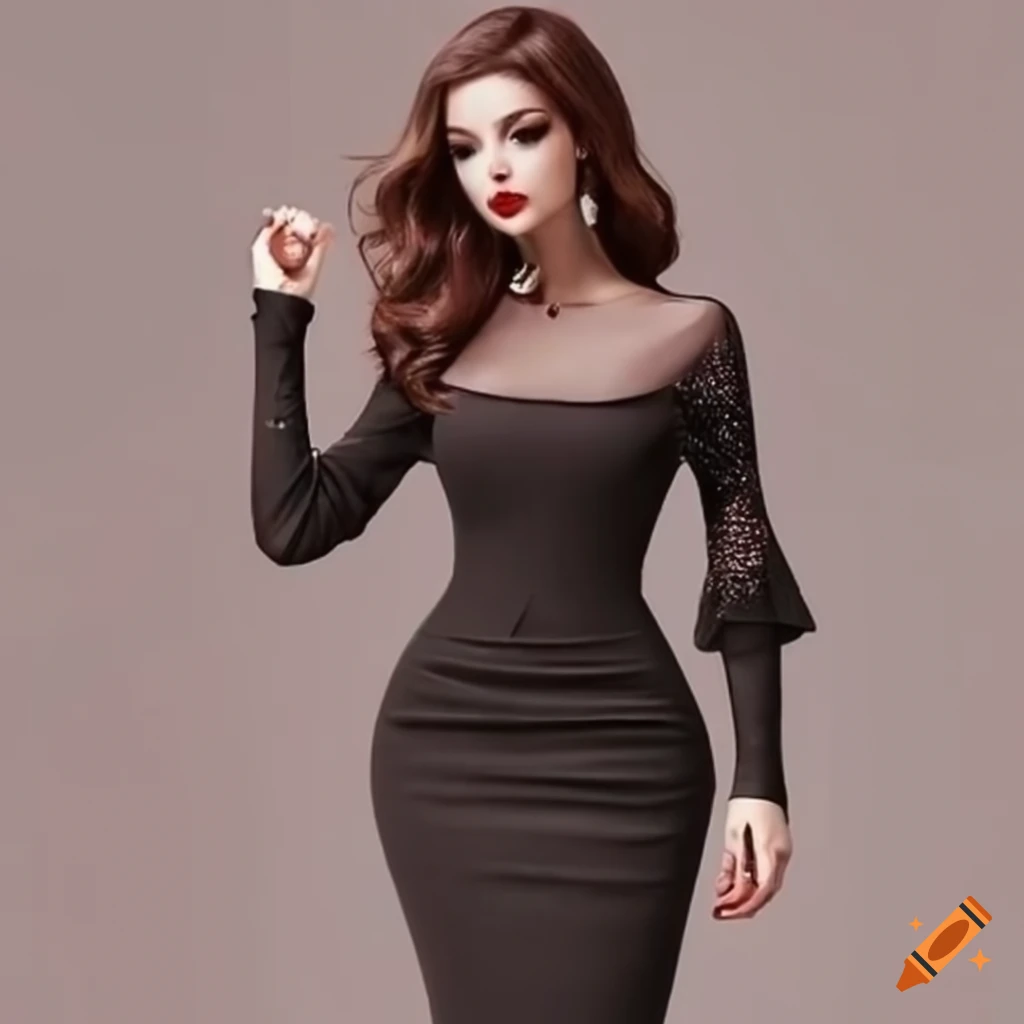 Elegant black knee-length dress with full sleeves on Craiyon