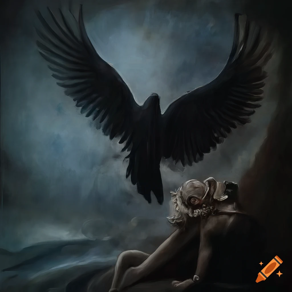 Dark romantic painting of a swooping raven on Craiyon