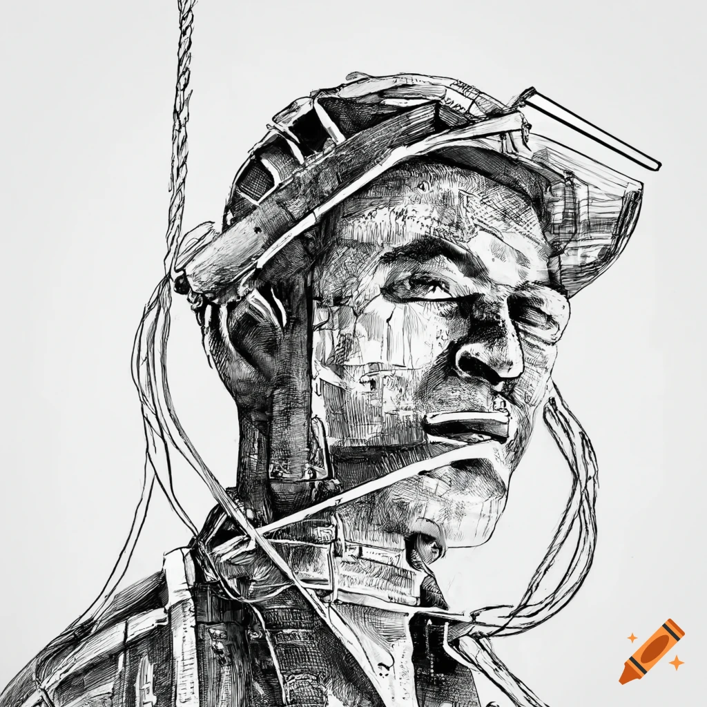 Ink drawing of a latino construction worker surrounded by cables on Craiyon