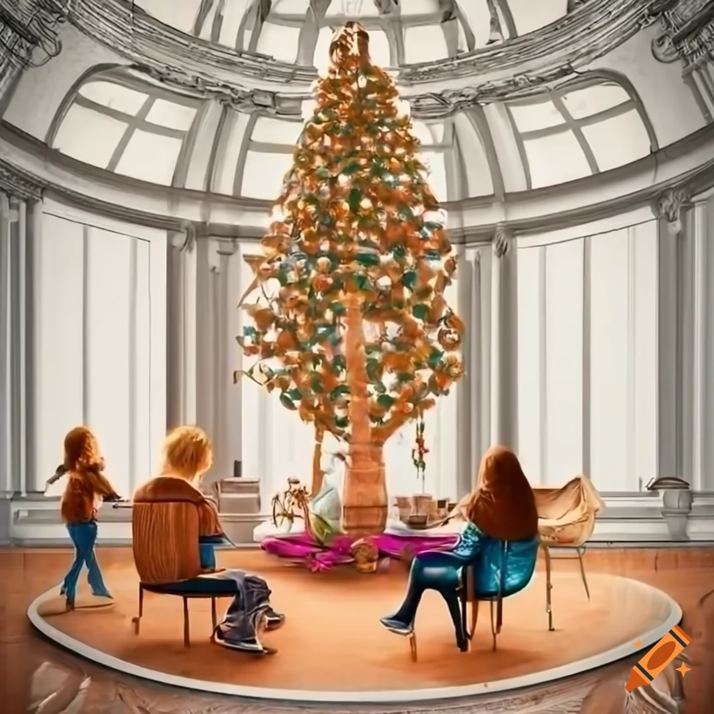 Family gathering around a decorative tree in a round room on Craiyon