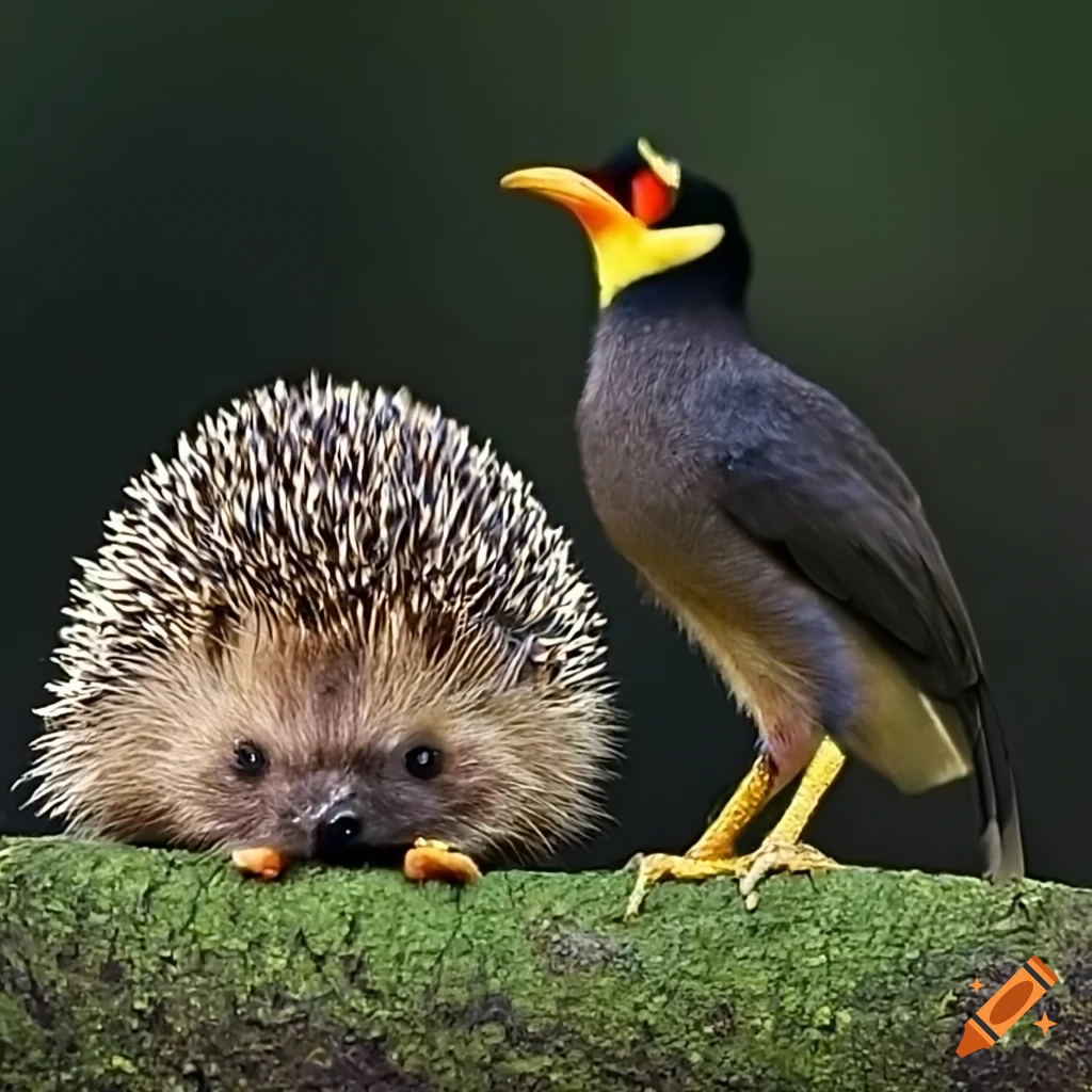 Hedgehog with a common hill myna bird