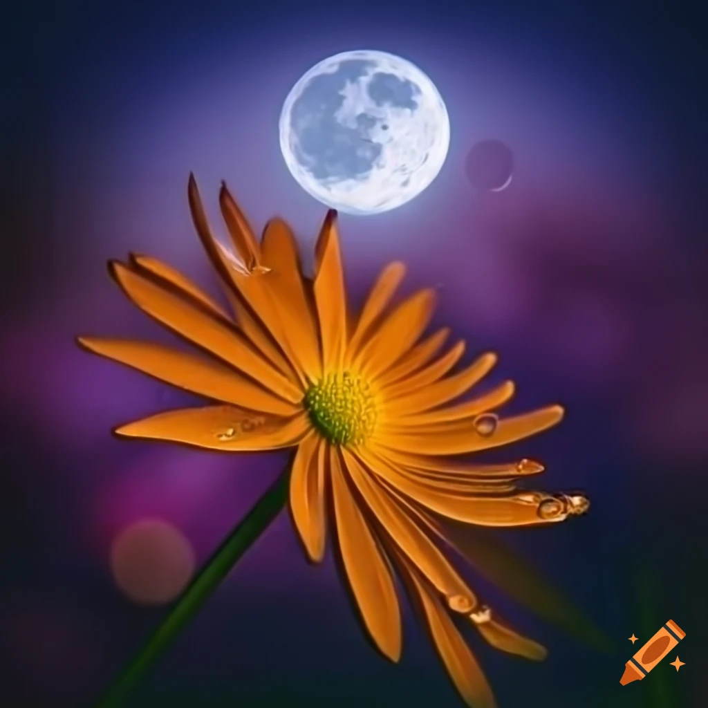 Flower with dewdrops under a moonlit sky