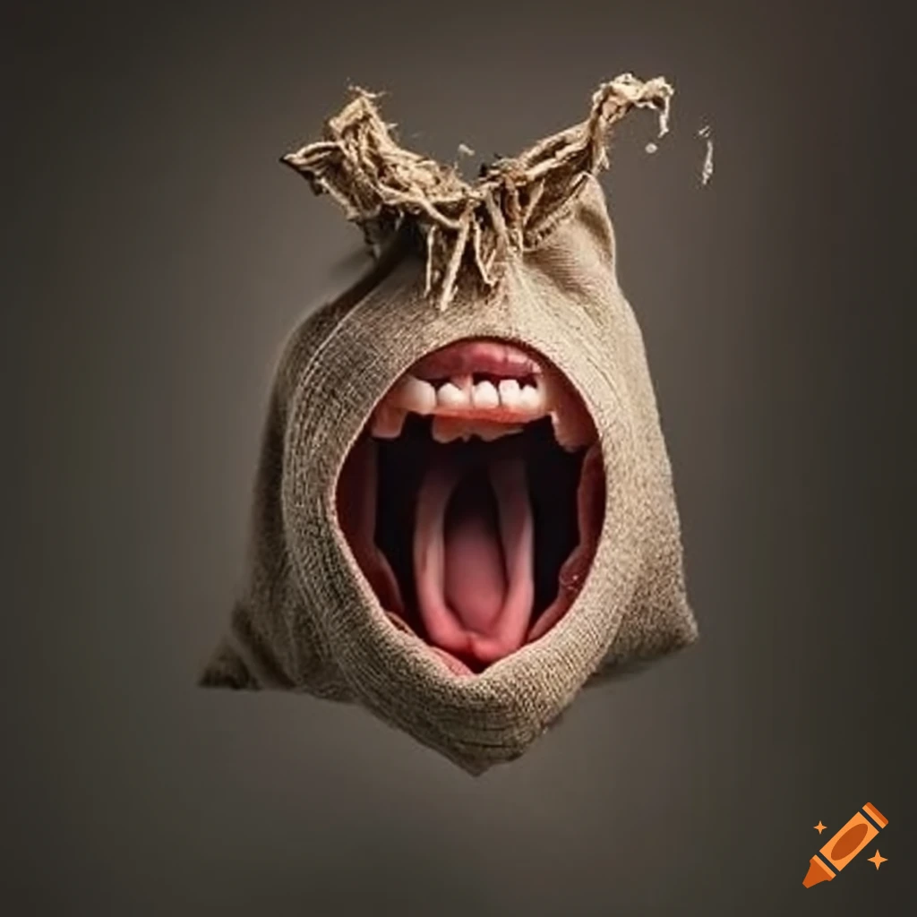 Surreal image of a canvas sack with an open mouth