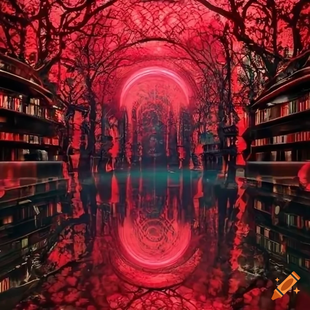 Red glowing circular library with vines and water floor on Craiyon