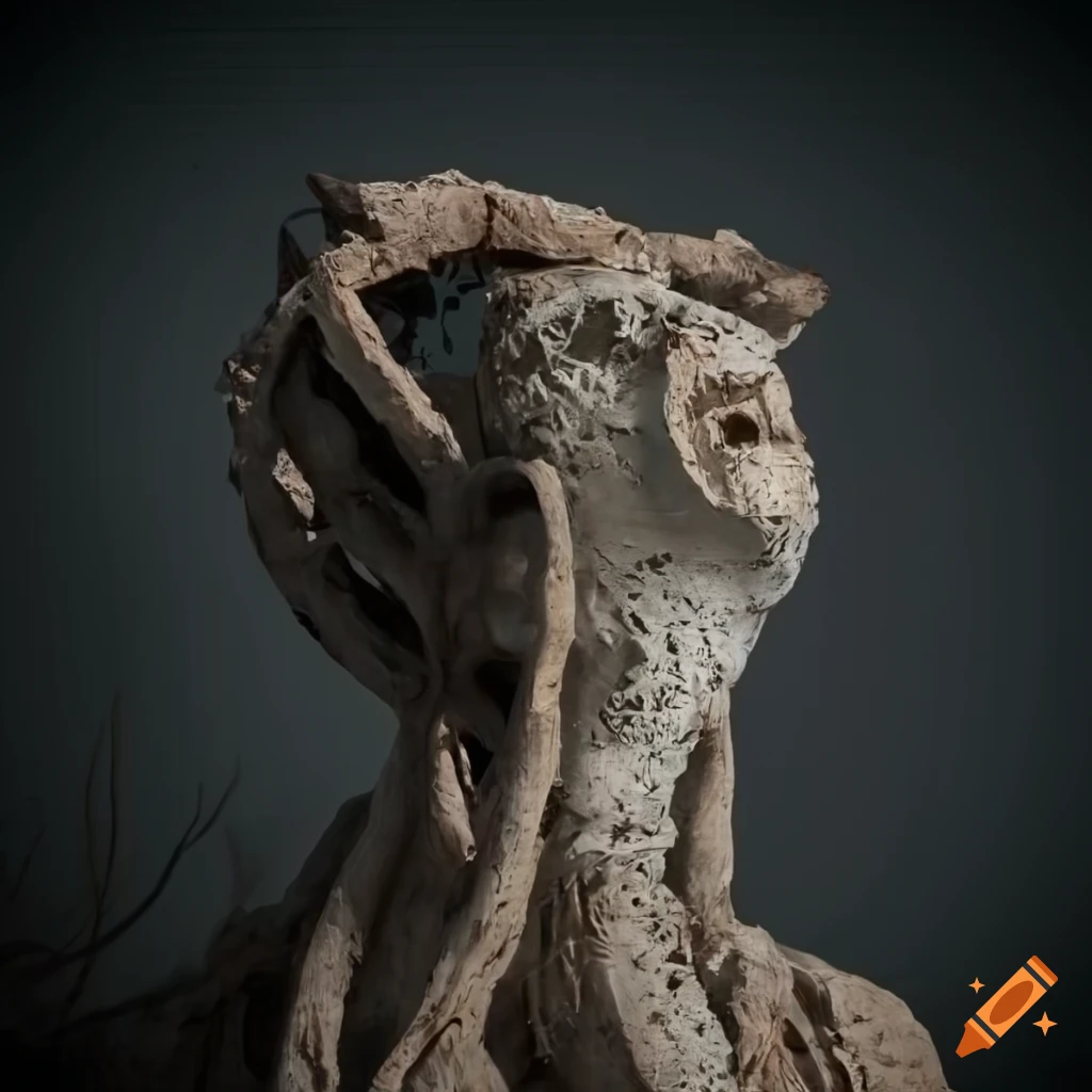 Dramatic sculpture with junk and branches in a destroyed landscape on ...