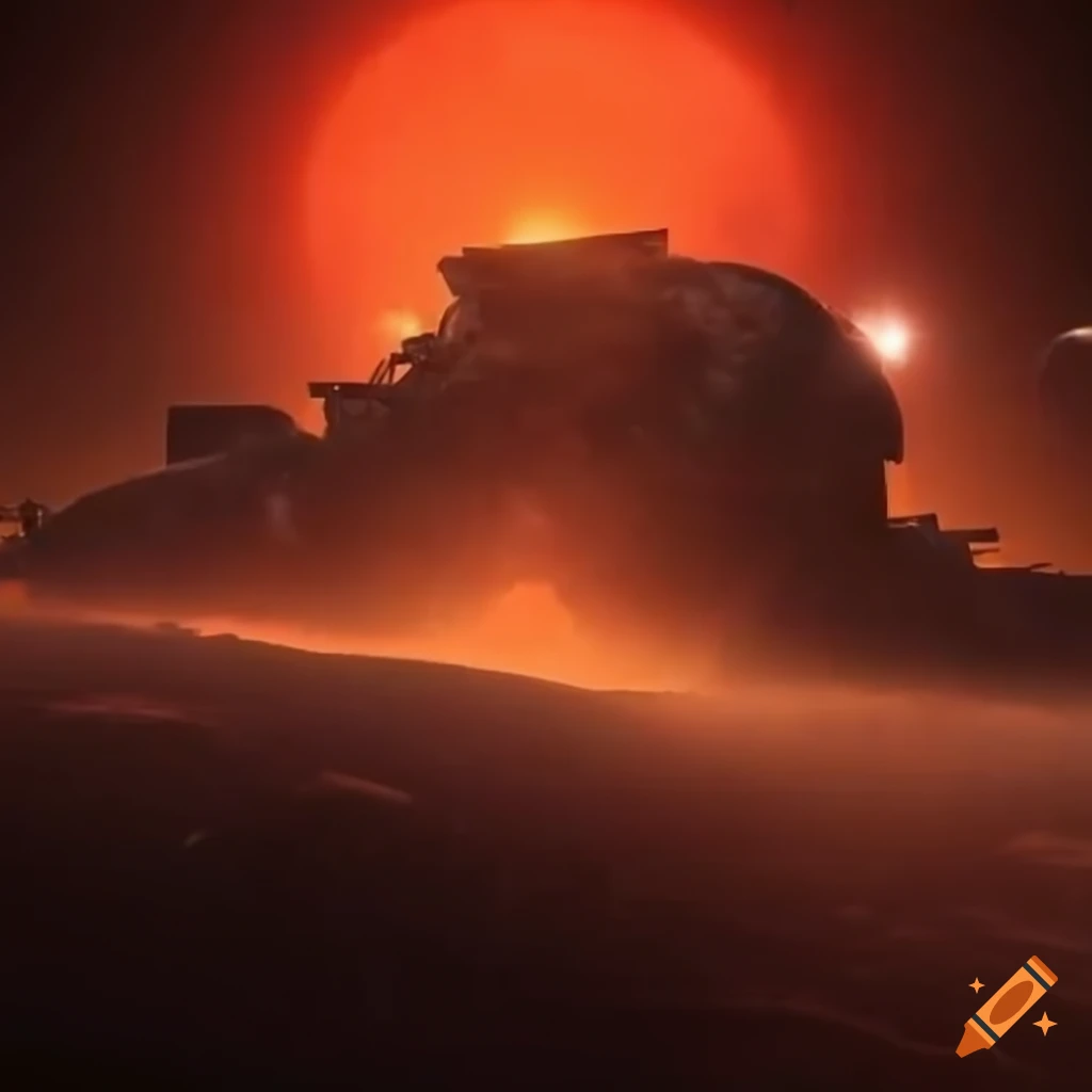 Sunset on a red planet with machinery on Craiyon