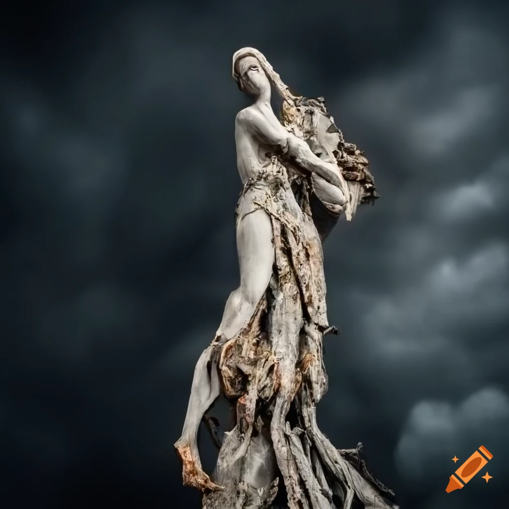 Dramatic sculpture with junk and branches in a destroyed landscape on ...