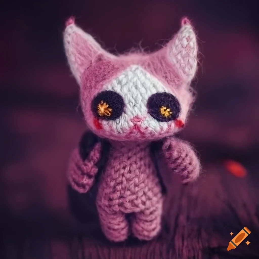 Knitted chibi kitten with a horror filter on Craiyon