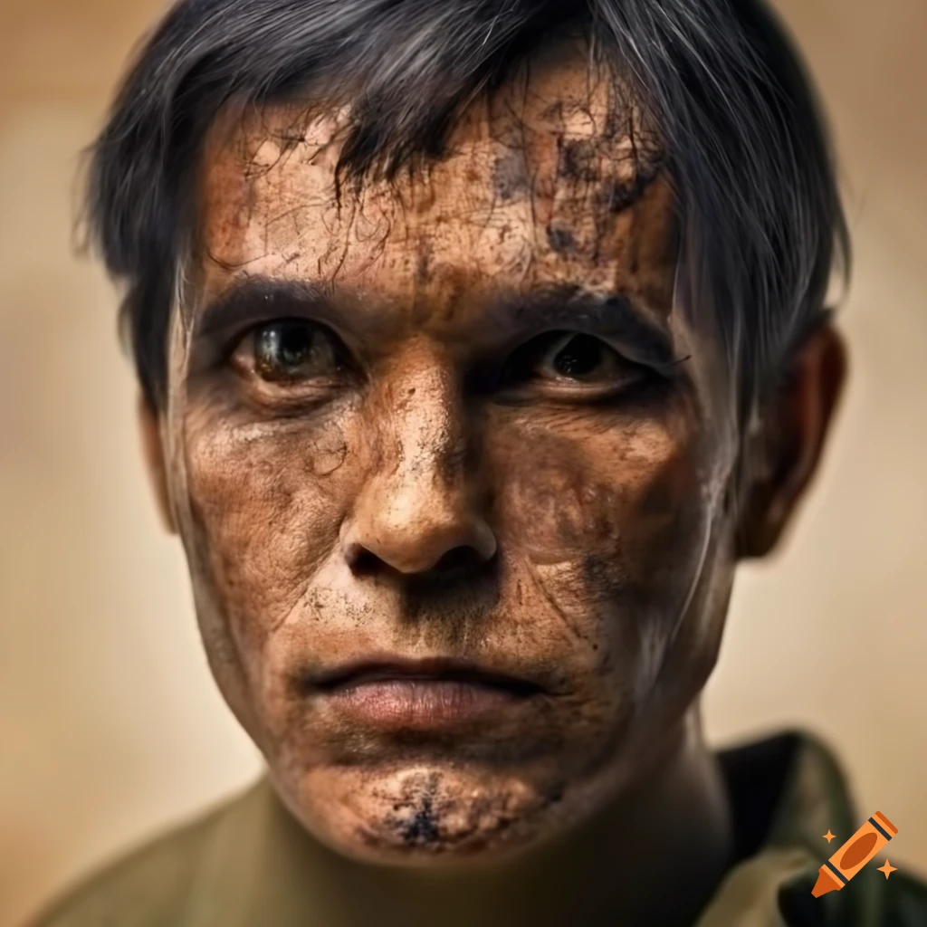 Portrait of a weathered man with a thousand yard stare on Craiyon