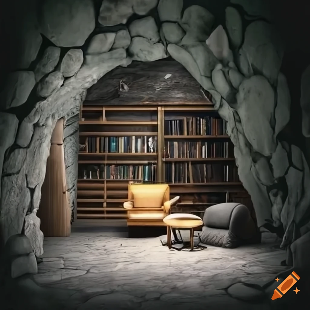 Office with desk, armchair, and bookshelf in a stone cave setting on ...