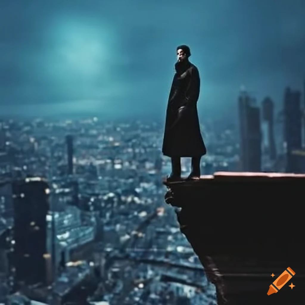 Image of antihero standing on ledge overlooking city on Craiyon