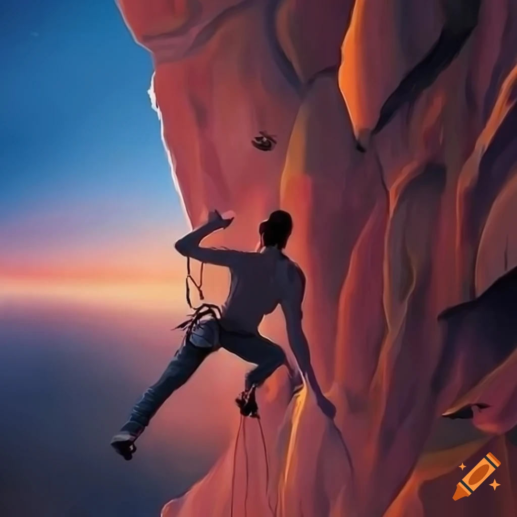 Hyper realistic painting of a man climbing a shaking mountain on Craiyon