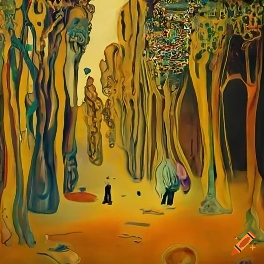 Painting of a forest inspired by Gustav Klimt, Salvador Dali, Neo Rauch, and Van Gogh on Craiyon