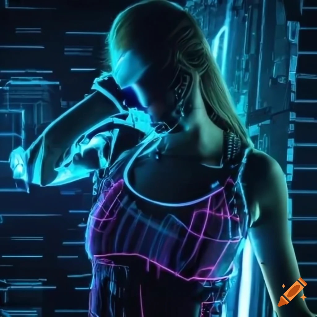 Stunning young woman in futuristic neo-dada outfit in a surreal neon ...