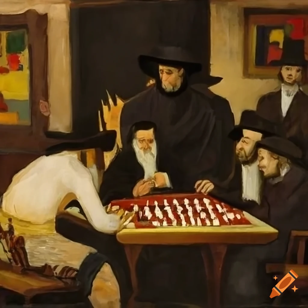 Collage artwork of a rabbi and a cowboy playing checkers on Craiyon