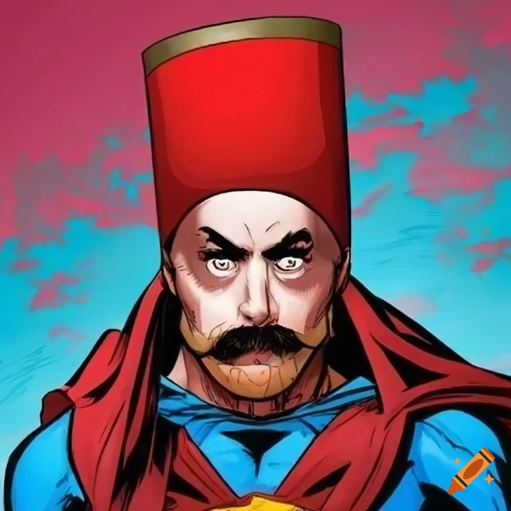 Comic illustration of a Turkish superhero with a mustache and a fez on ...
