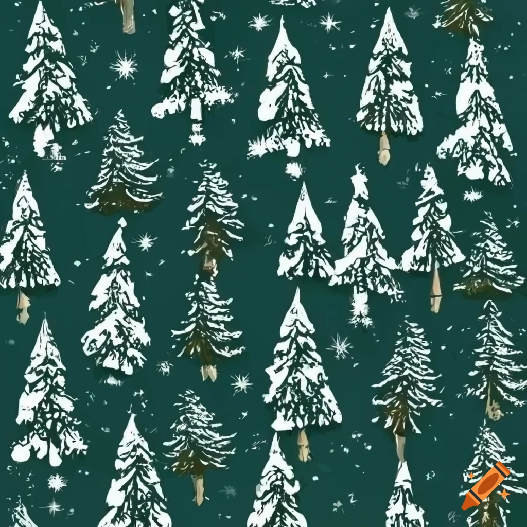 Illustrated wallpaper of snowy christmas trees on Craiyon