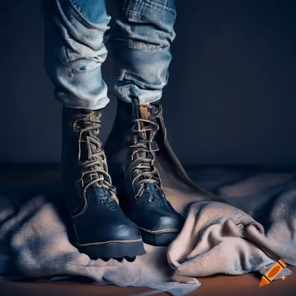 Close-up of man's feet in black steel-capped work boots on Craiyon