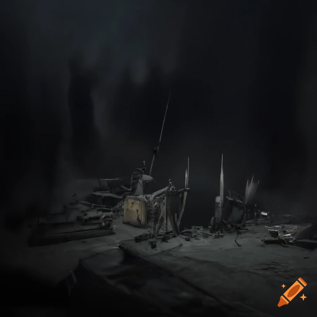 Dark military field with planes and historical weapons