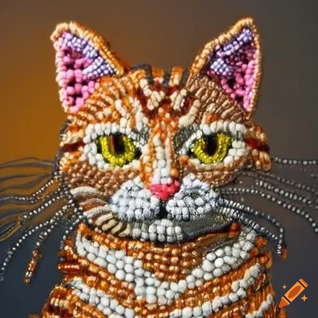 Applique of a male orange tabby cat with beaded details on Craiyon
