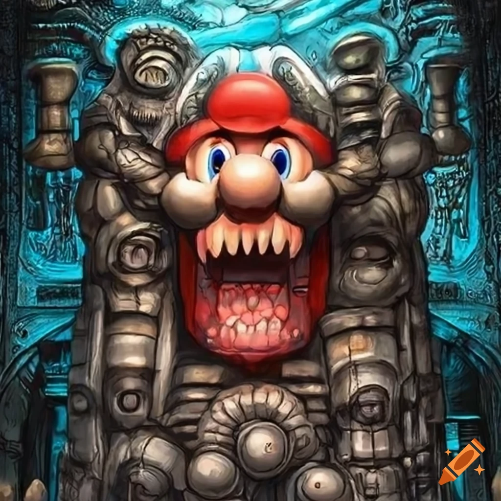 Artistic illustration of mario inspired by h.r. giger on Craiyon
