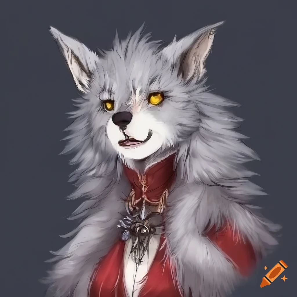 Anthropomorphic grey wolf in red mage outfit on Craiyon