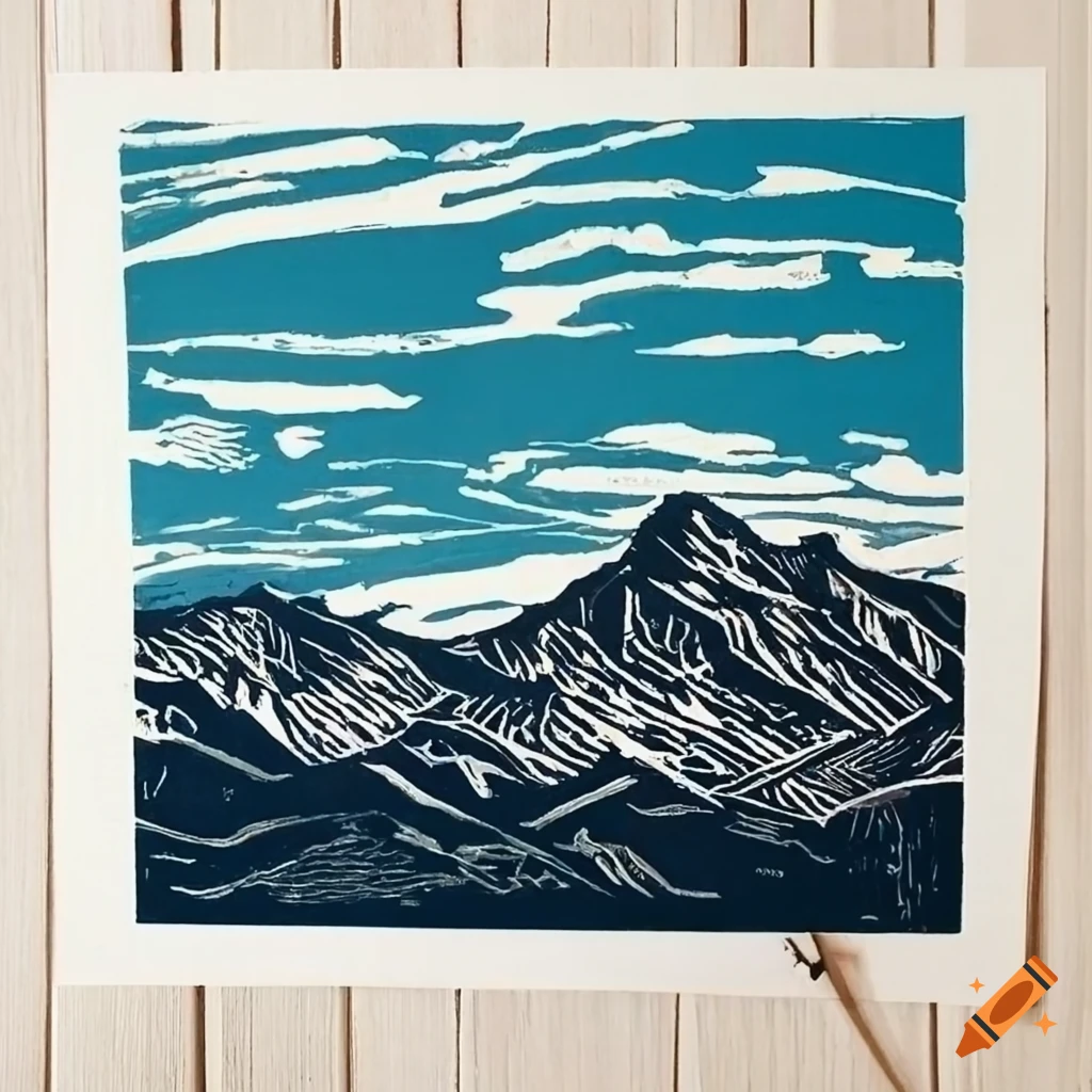 Linocut print of the catalina mountains