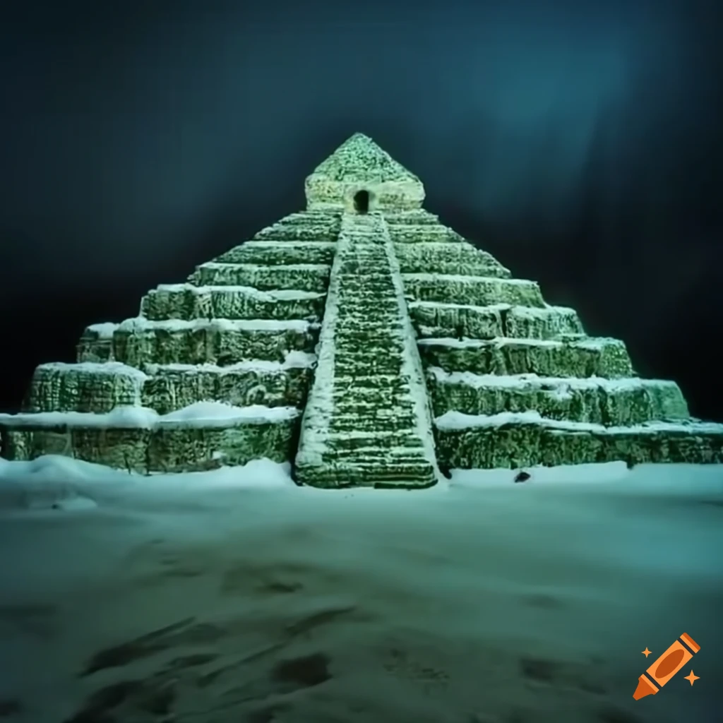 Green stone pyramid temple in a snowy plain
