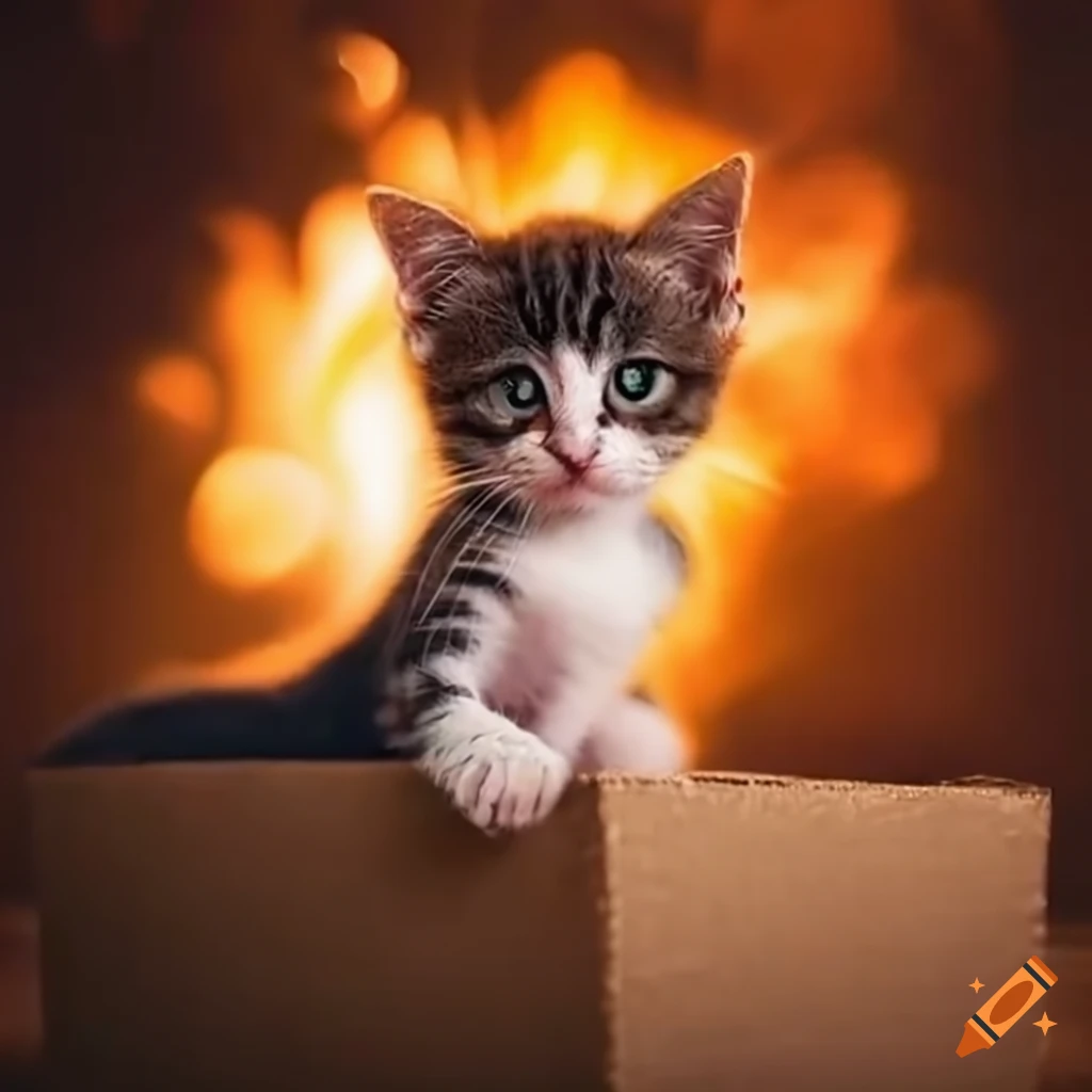 Cute kitten in a box by the fire