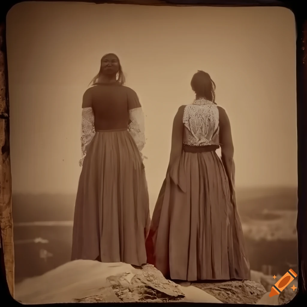 Vintage photograph of a prairie woman overlooking a western town on Craiyon