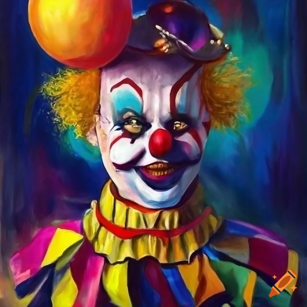 Surrealistic painting of a morbid circus clown with various objects on Craiyon