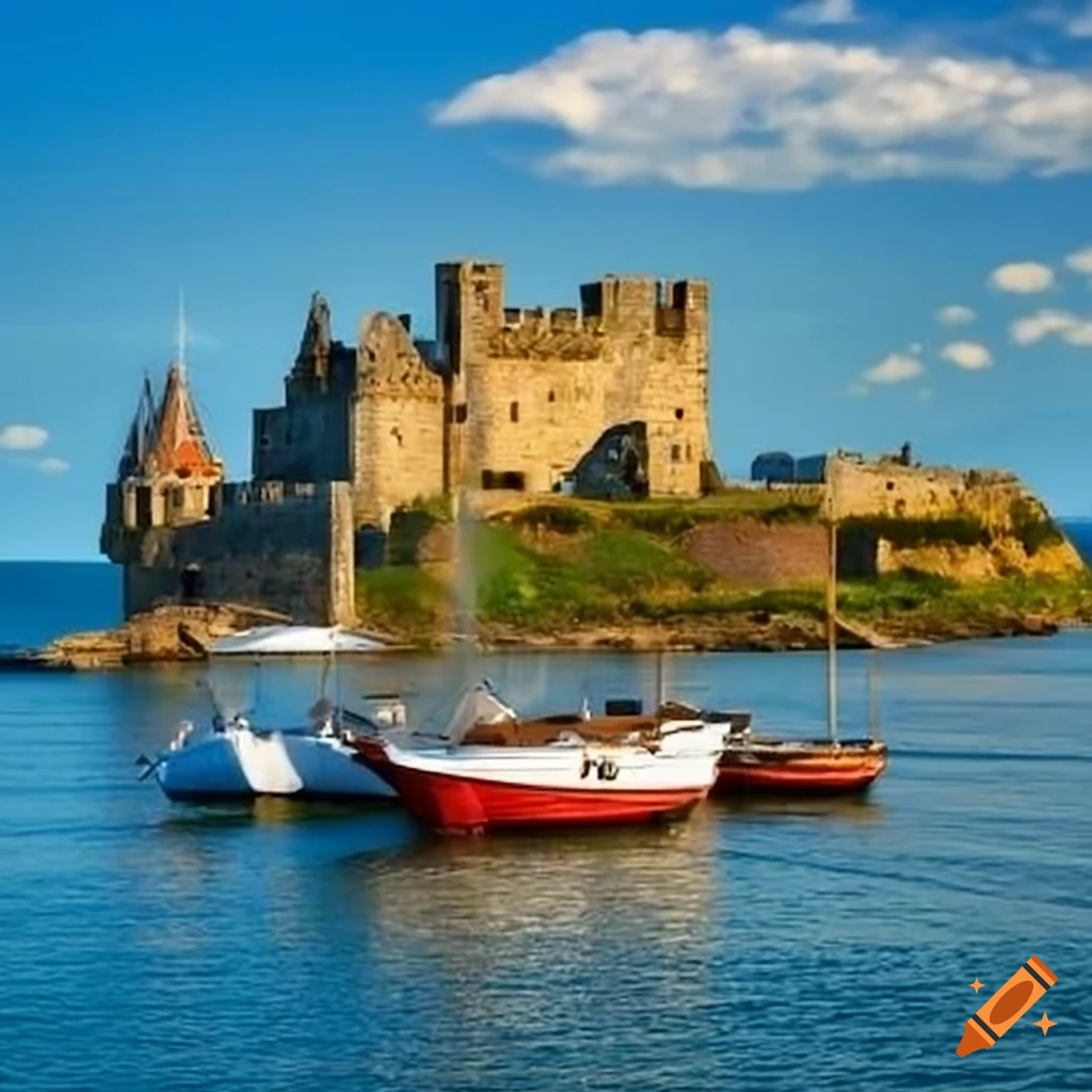 Castle on the sea with boats