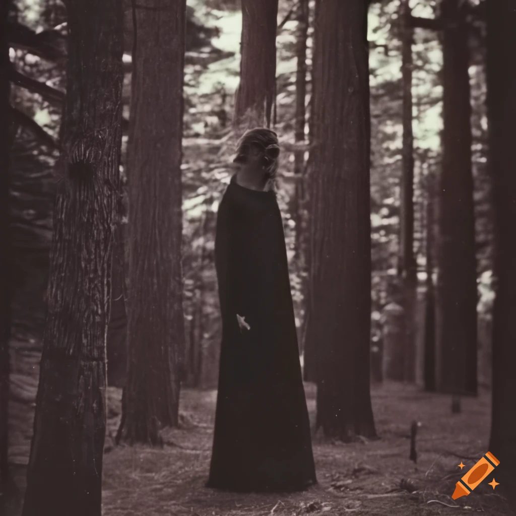 Witch standing among pine trees in analog photo on Craiyon