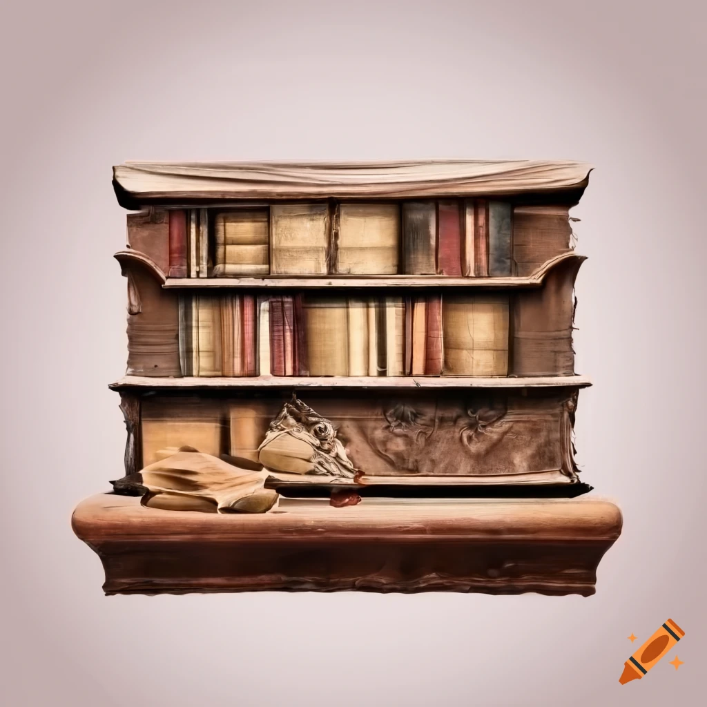 Old shelf with books, scrolls, and artifacts