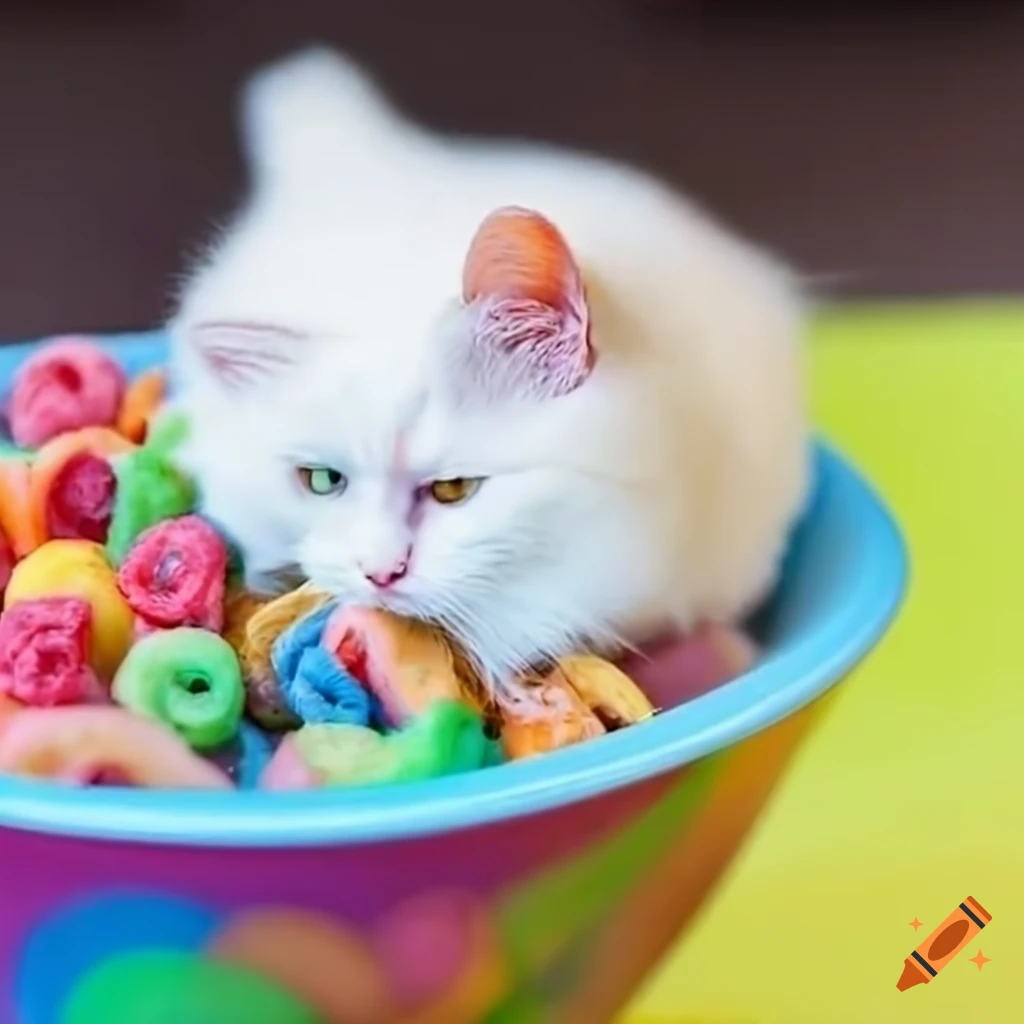 White cat sitting in a bowl of fruit loops on Craiyon