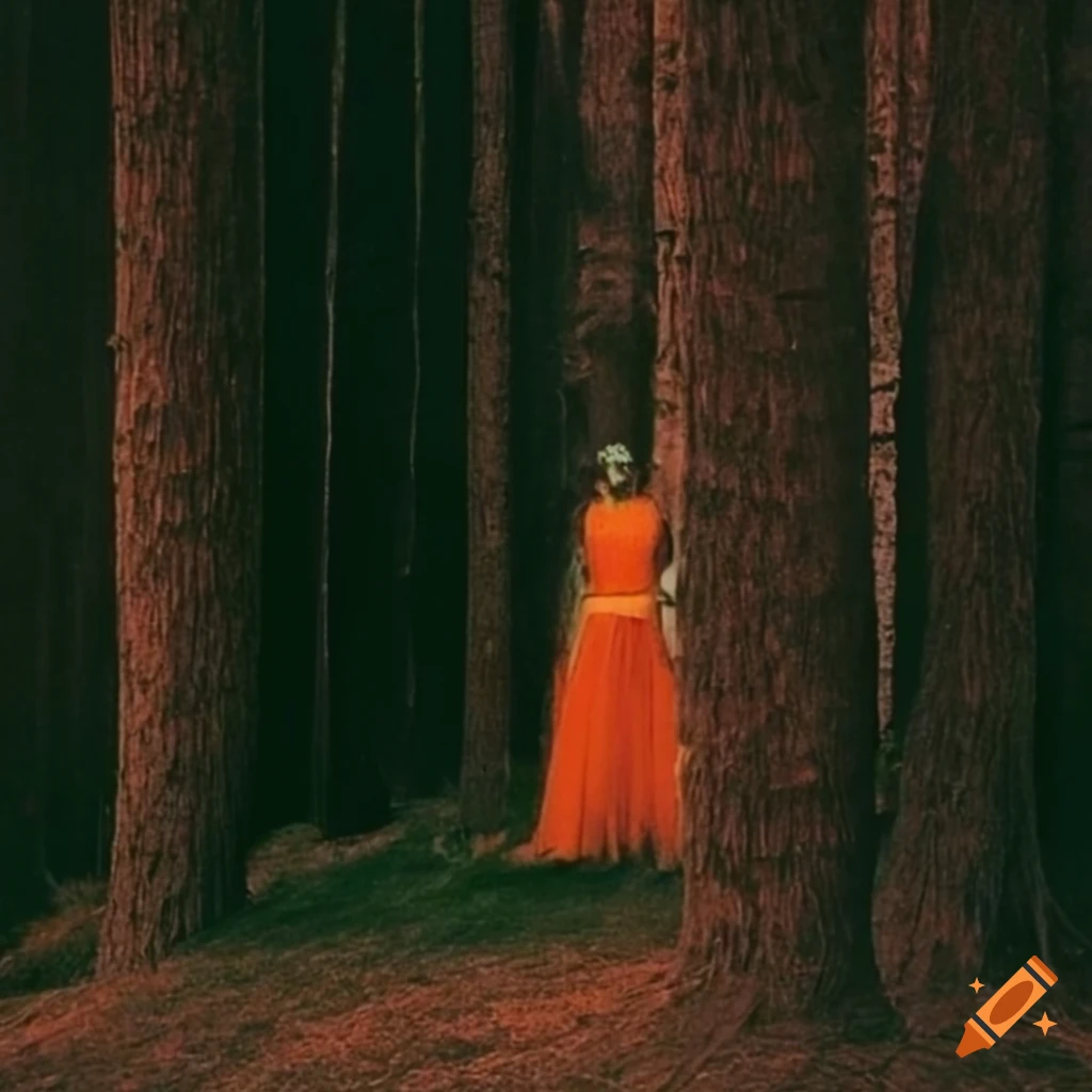 Witch standing among pine trees in analog photo on Craiyon