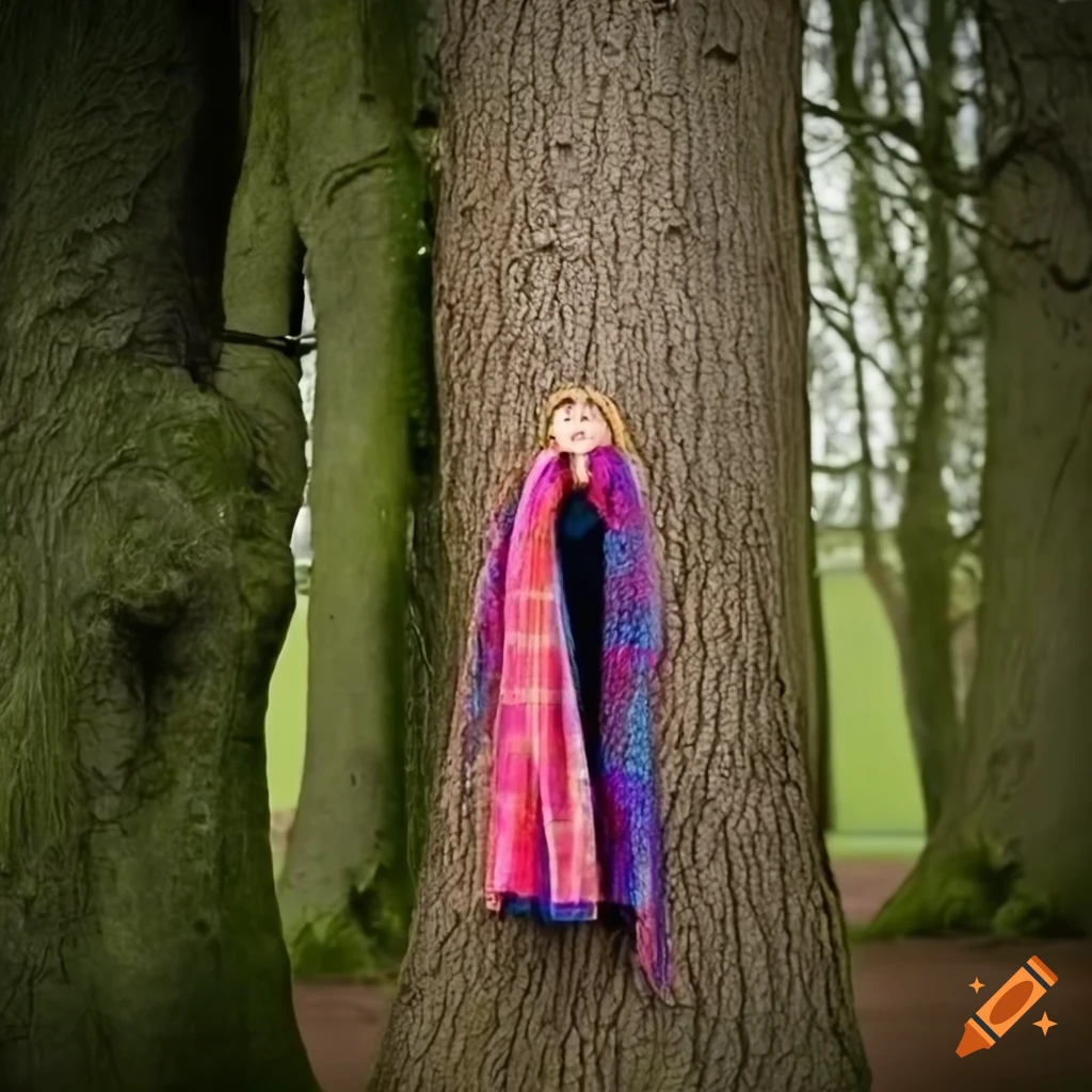 Doctor Who's multicoloured scarf hanging from a tree on Craiyon