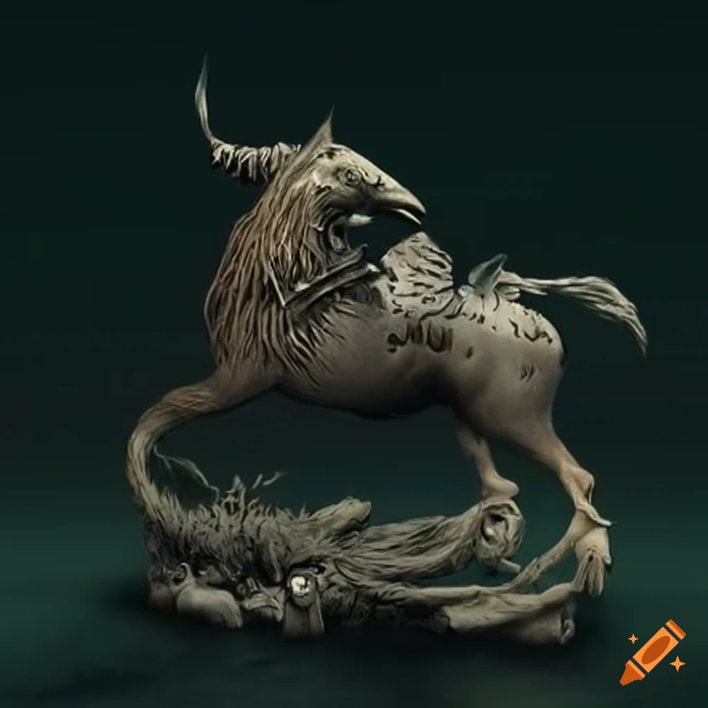 Creepy fantasy wicker statue of a horse and rider on Craiyon