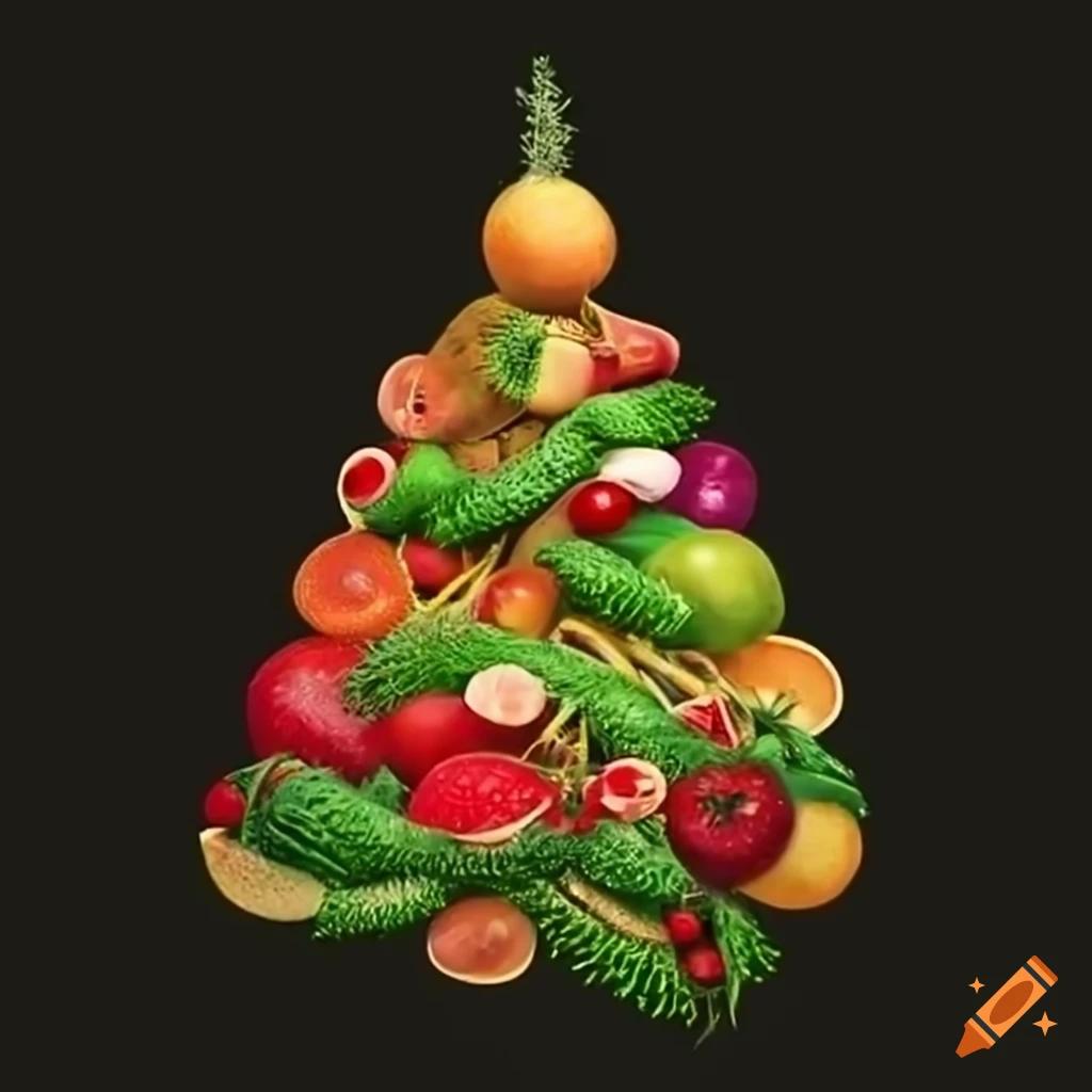 Festive tree made of fruits and vegetables on Craiyon