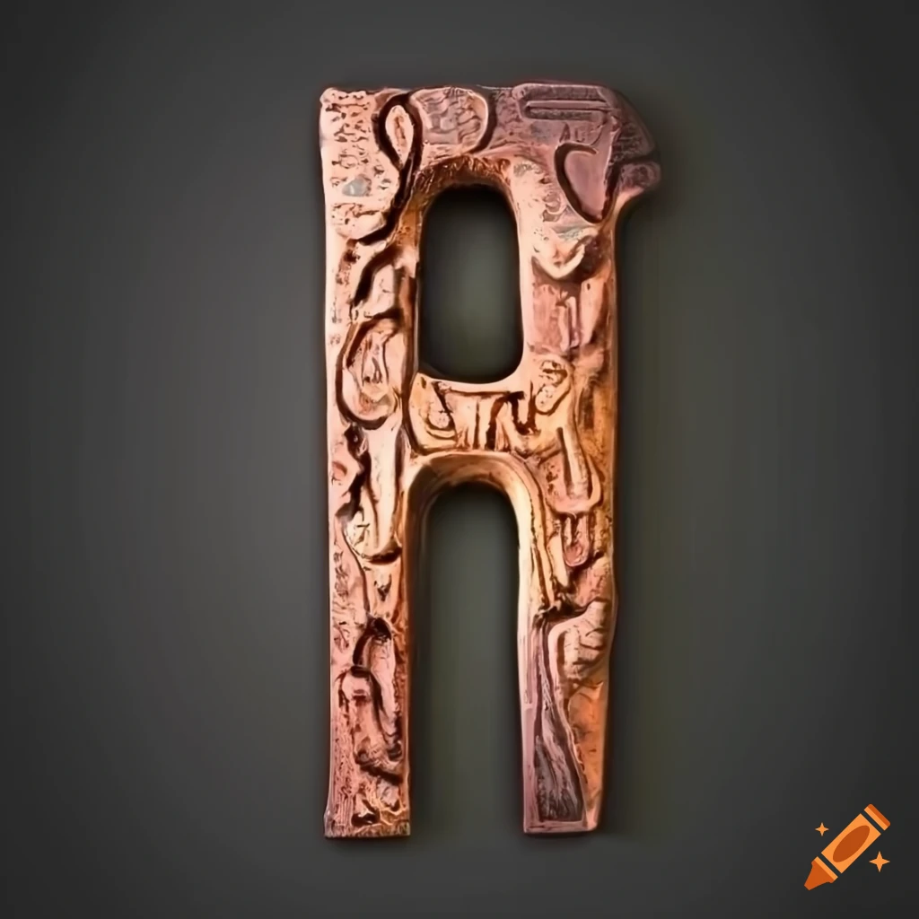 Copper and brass engraved stone letter m with egyptian masks