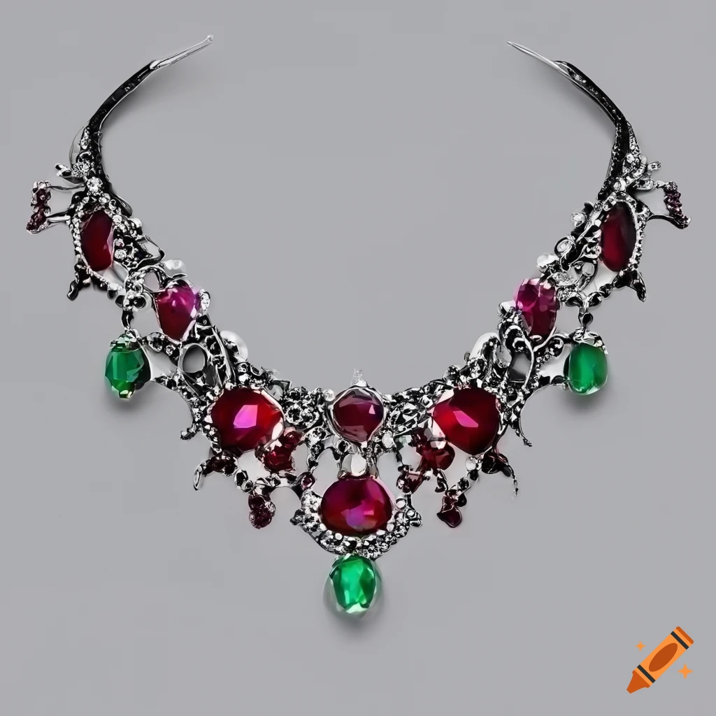 Gothic-inspired sparkling jewelry set with ruby, silver, and emerald on ...