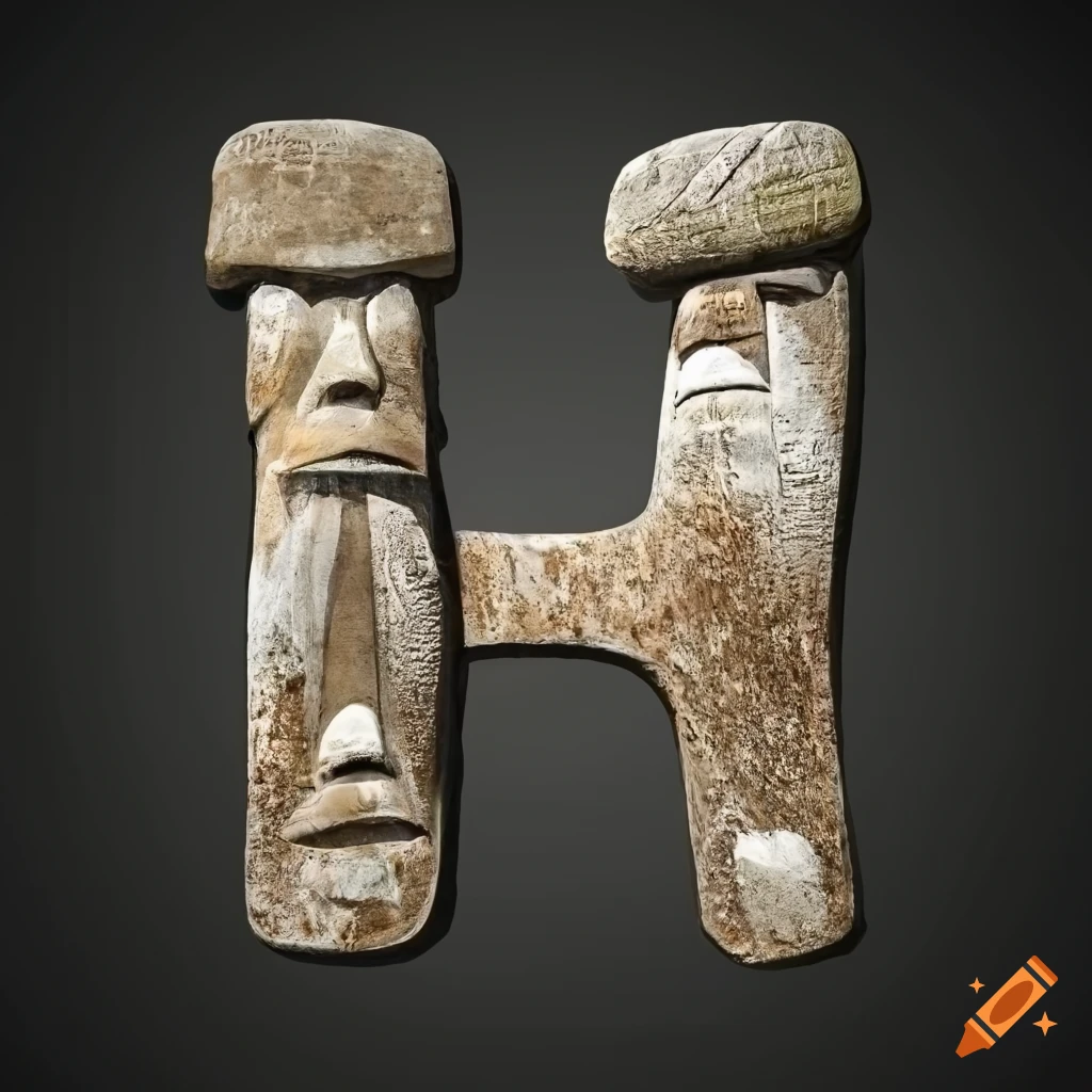 Stone letter "L" with Easter Island masks carving on Craiyon