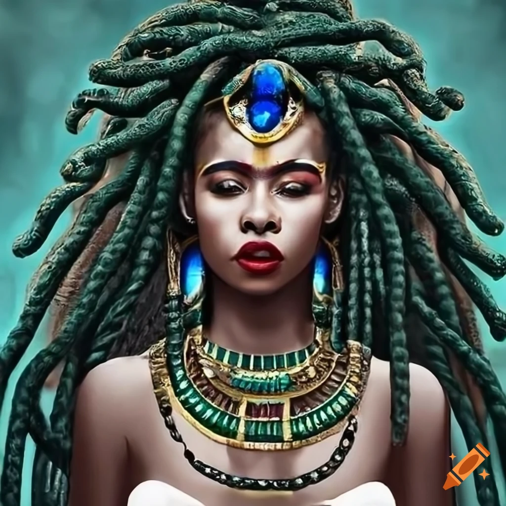 Depiction of an African queen with snake dreadlocks on Craiyon