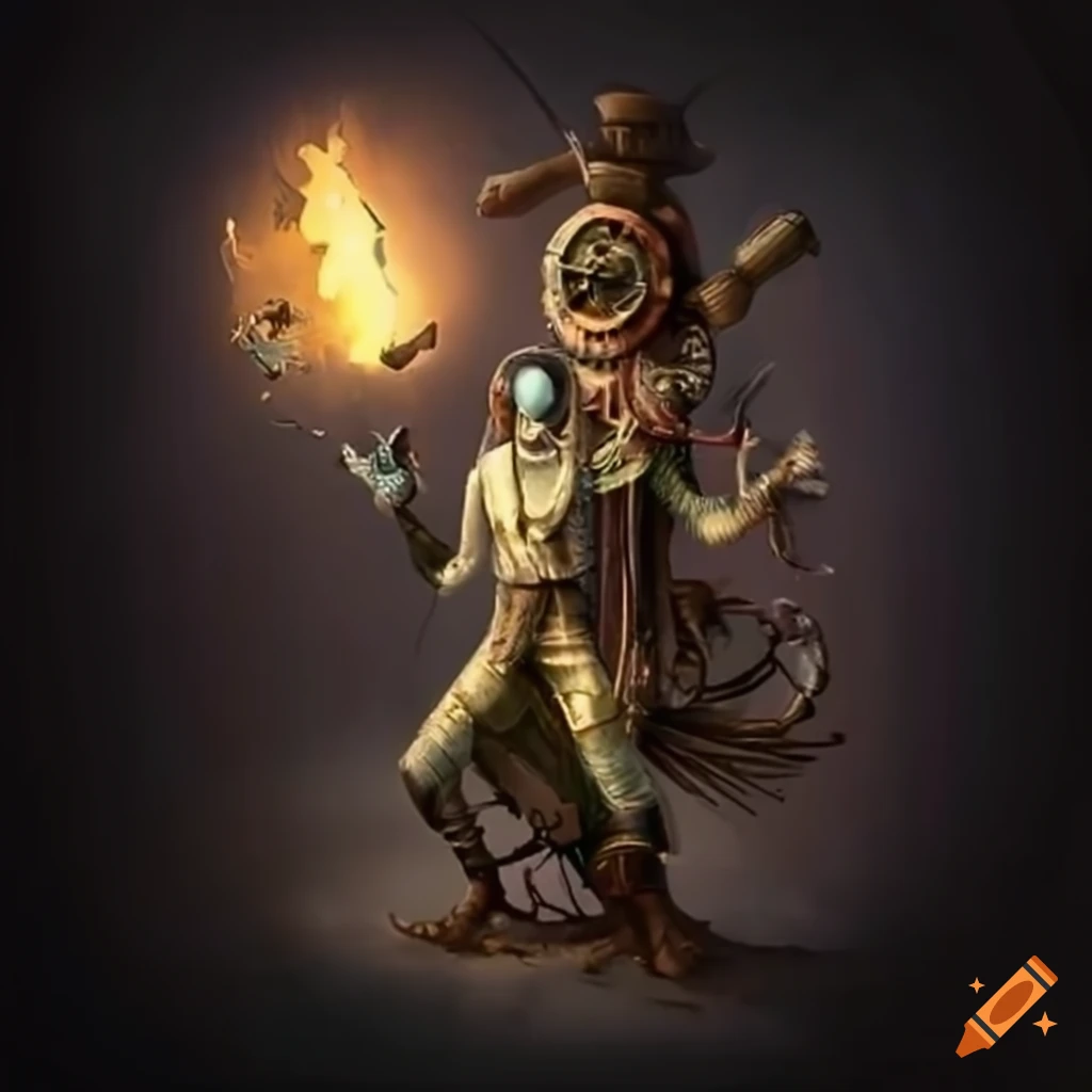 Illustration of a steampunk alien flying broom on Craiyon