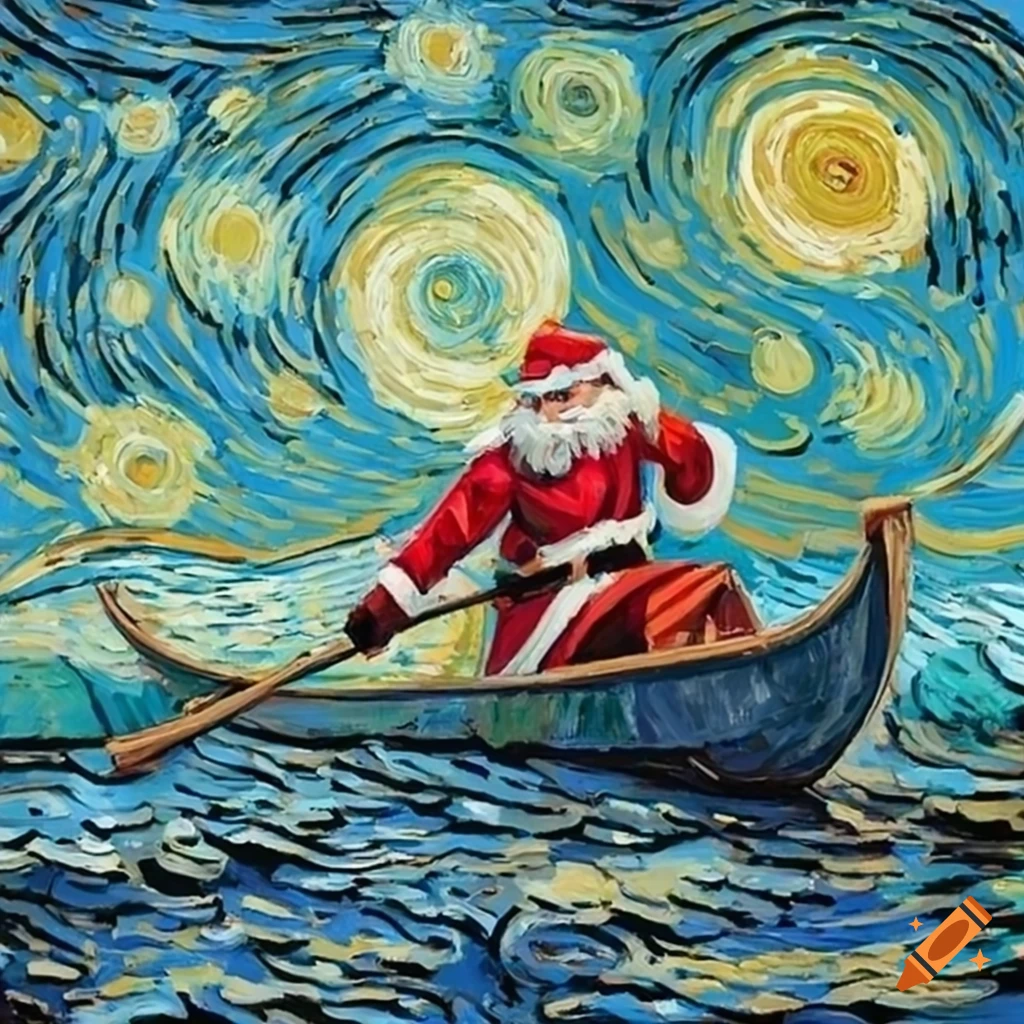 Santa claus canoeing in van gogh style artwork on Craiyon