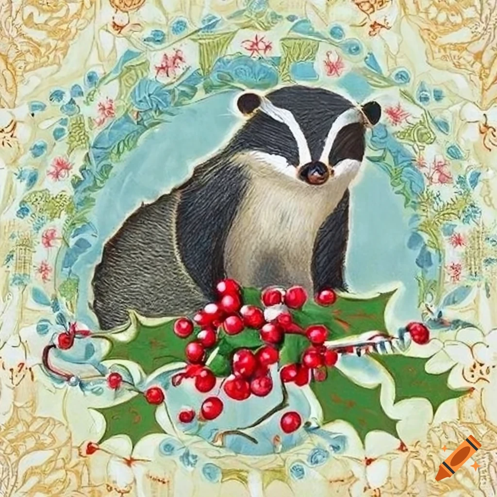 Christmas medallion with a folk art badger and holly berries on Craiyon
